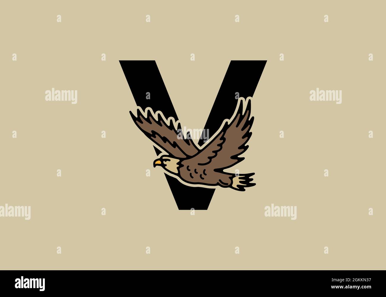 Line art illustration of flying eagle with V initial letter design ...