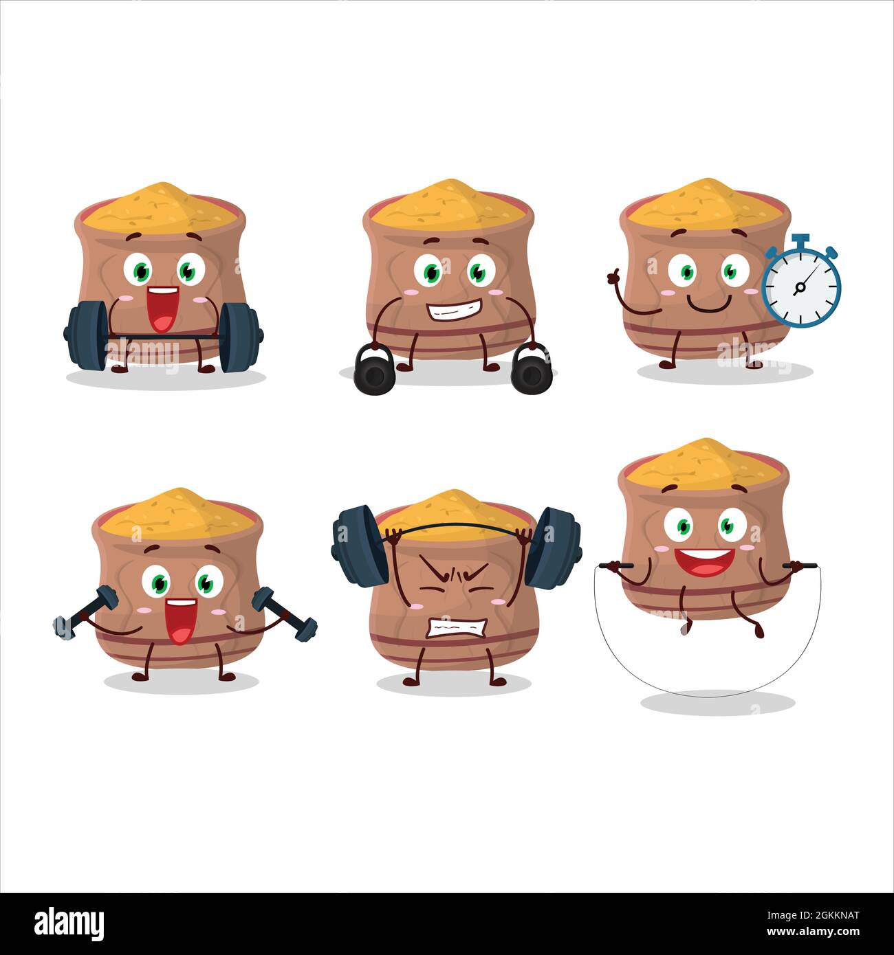 A healthy curcuma cartoon style trying some tools on Fitness center ...