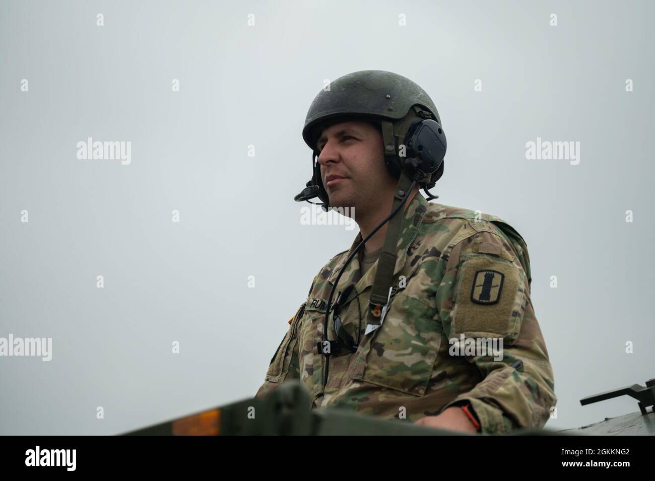 U.S. Army Staff Sgt. Blake Rumbach, a crew chief assigned to Bravo Battery, 1st Battalion, 182nd ...