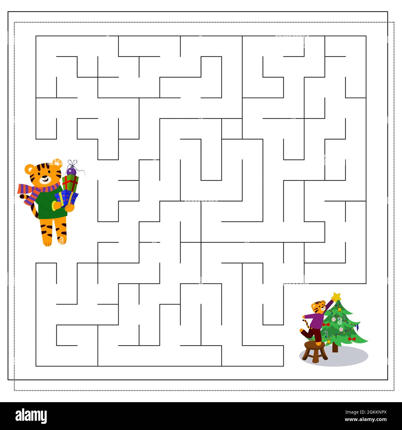 A logical game for children. Complete the maze. A tiger in the new year ...