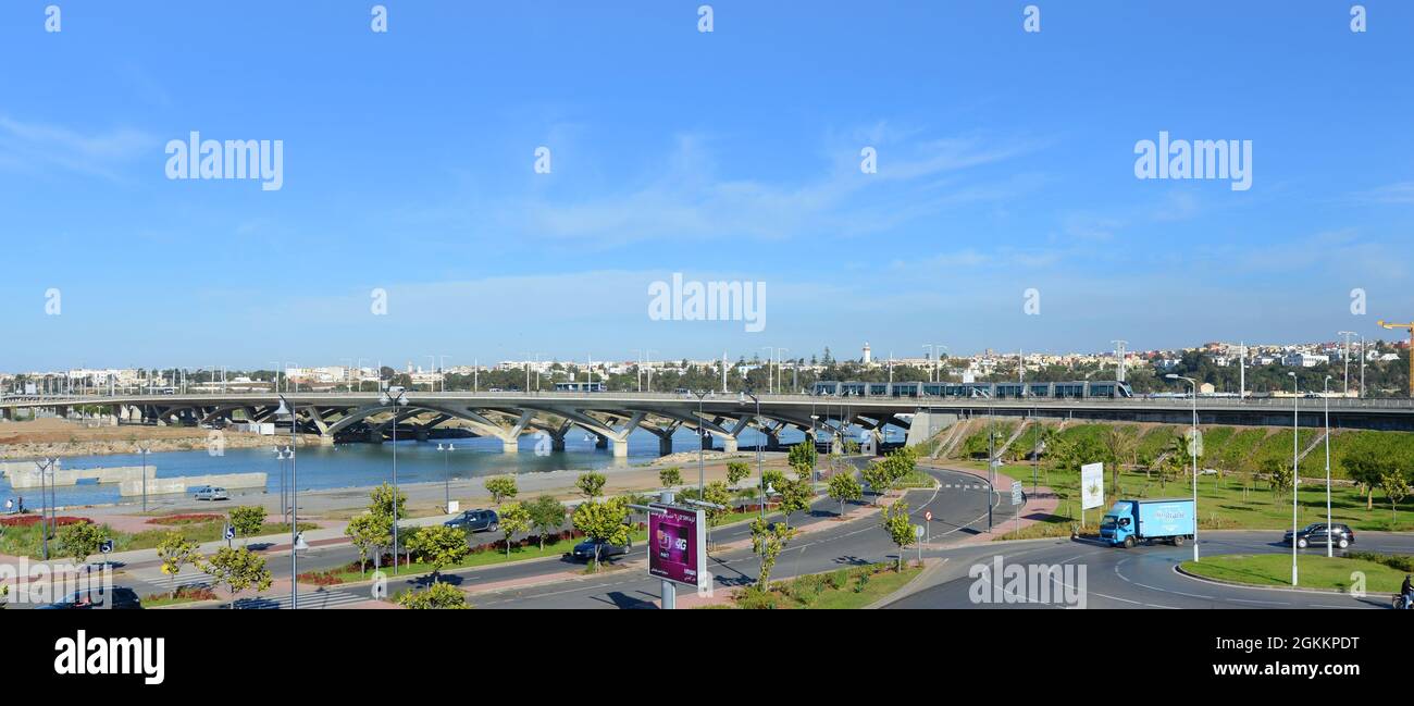 A modern tram crossing the Bou Regreg river between Salé and Rabat in ...
