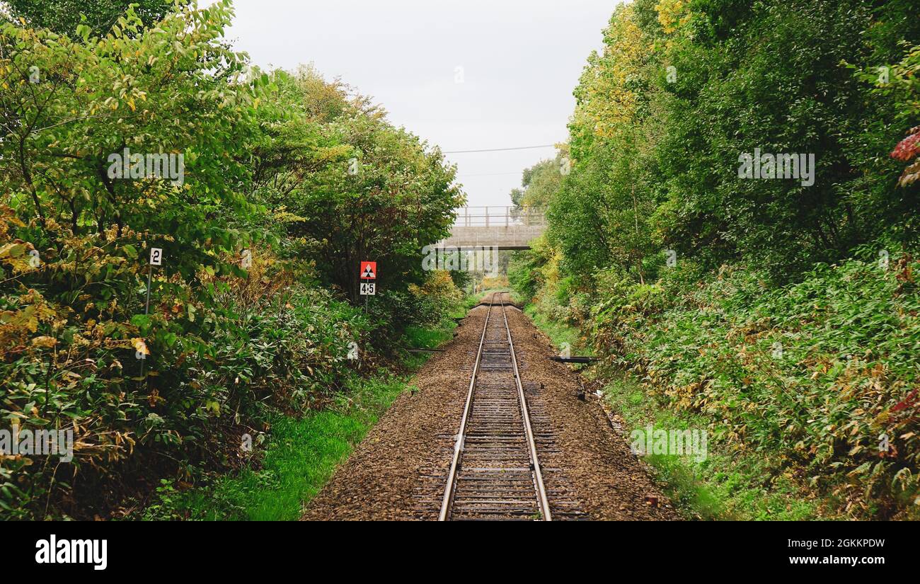 Rail track in Furano, Hokkaido, Japan. Railways are the most important ...