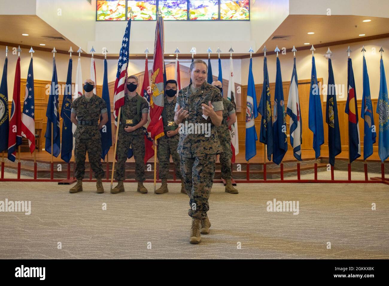 U.S. Marine Corps Lt. Col. Sasha Kuhlow delivers her remarks during the ...