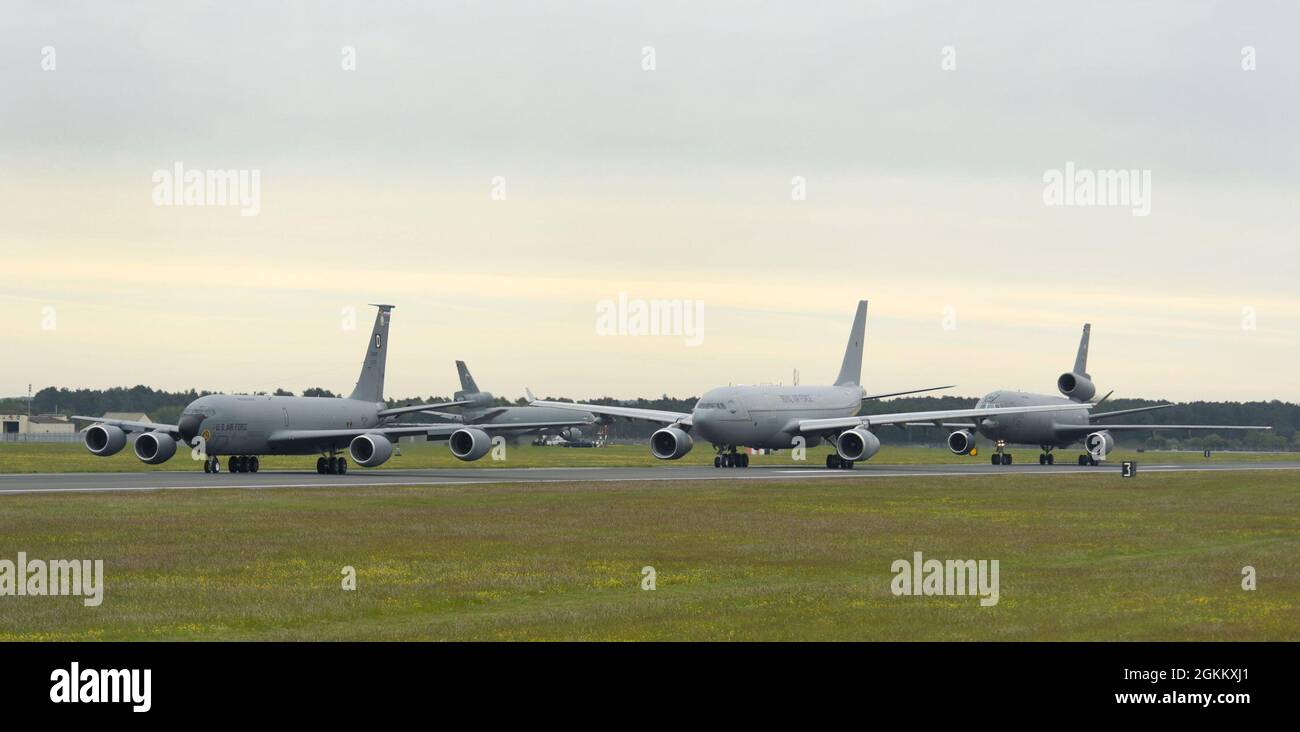 A U.S. Air Force KC-135 Stratotanker, Royal Air Force A330 Voyager and U.S. Air Force KC-10 ...