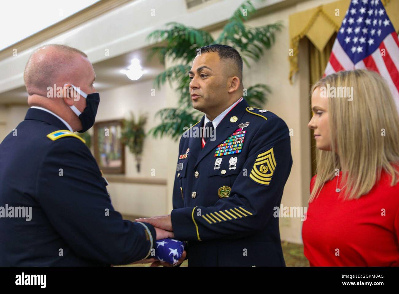 Command Sgt. Maj. Eric Arrendondo, U.S. Army Engineer School, receives ...