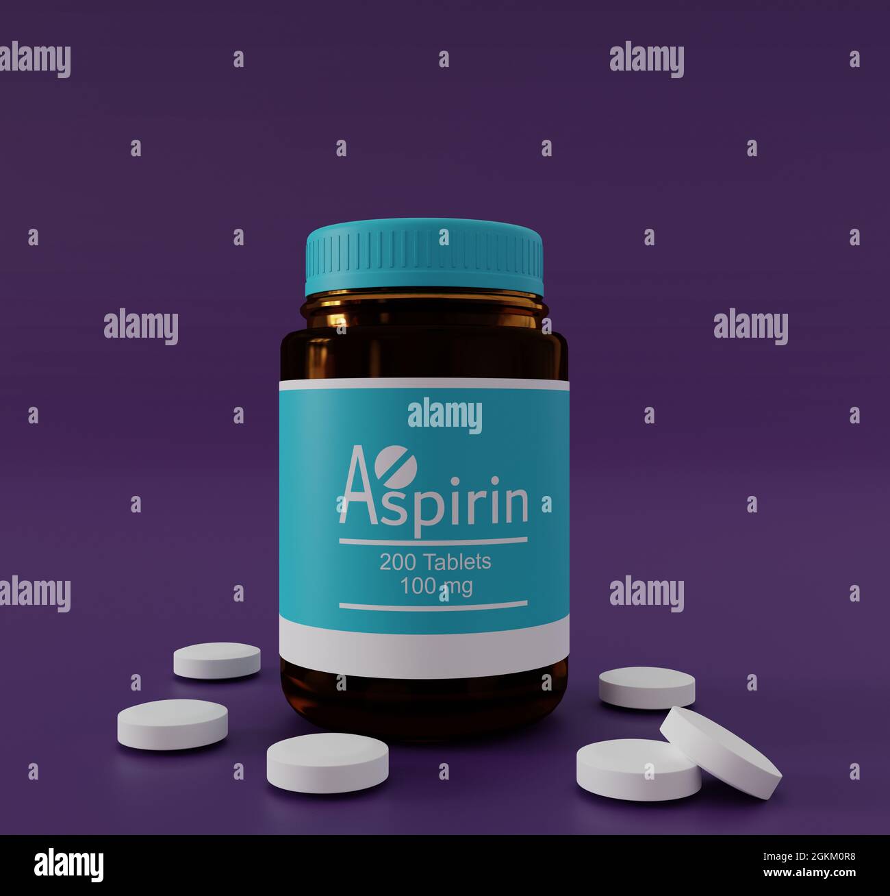 Aspirin medicine bottle with white round pills on flat surface. 3D ...