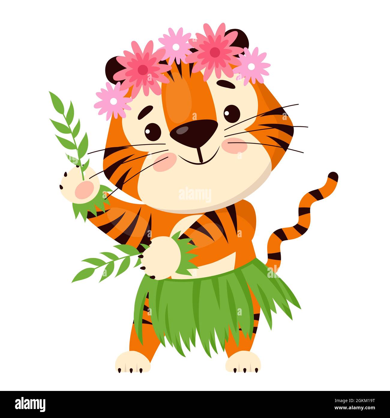 Cute cartoon tiger in traditional hawaiian skirt and floral wreath on ...