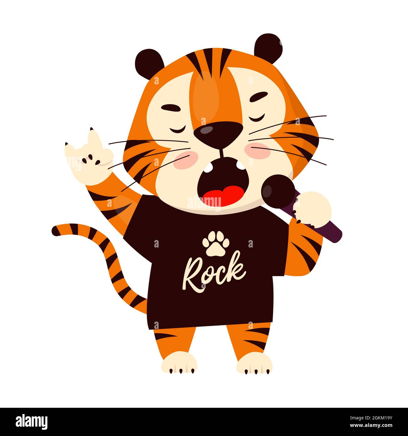 Cute cartoon tiger singing and rocking. Symbol of 2022, year of the tiger. Vector illustration ...