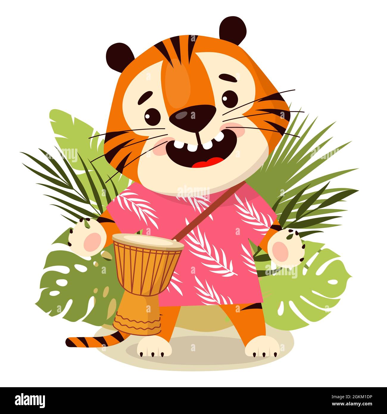 Cute cartoon tiger in traditional hawaiian skirt and floral wreath on ...