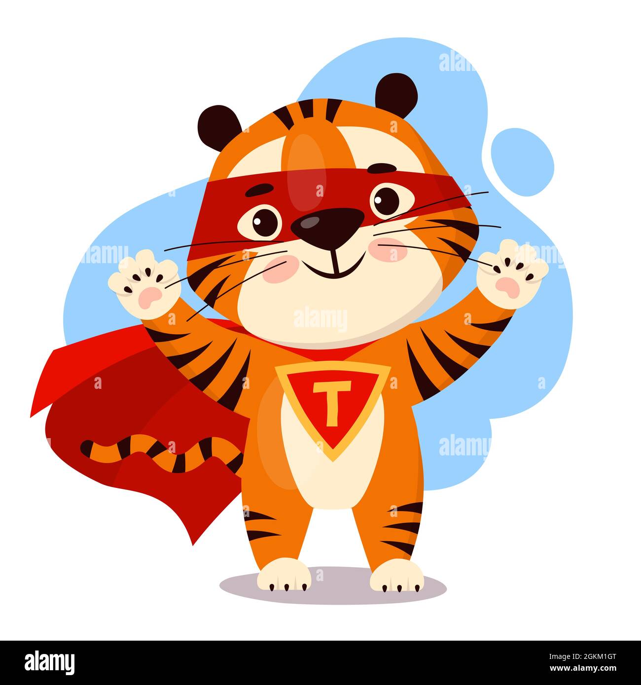 Cute cartoon tiger in a red superhero cape. Symbol of 2022, year of the ...