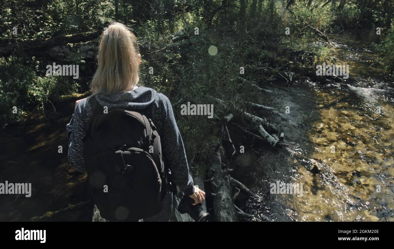 Traveler photographing scenic view in forest river. Wood bridge fallen ...