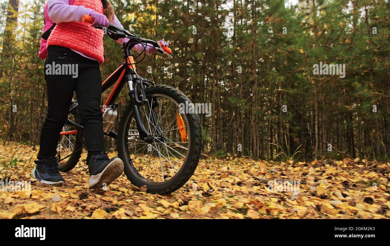 One caucasian children walk with bike in autumn park. Little girl ...
