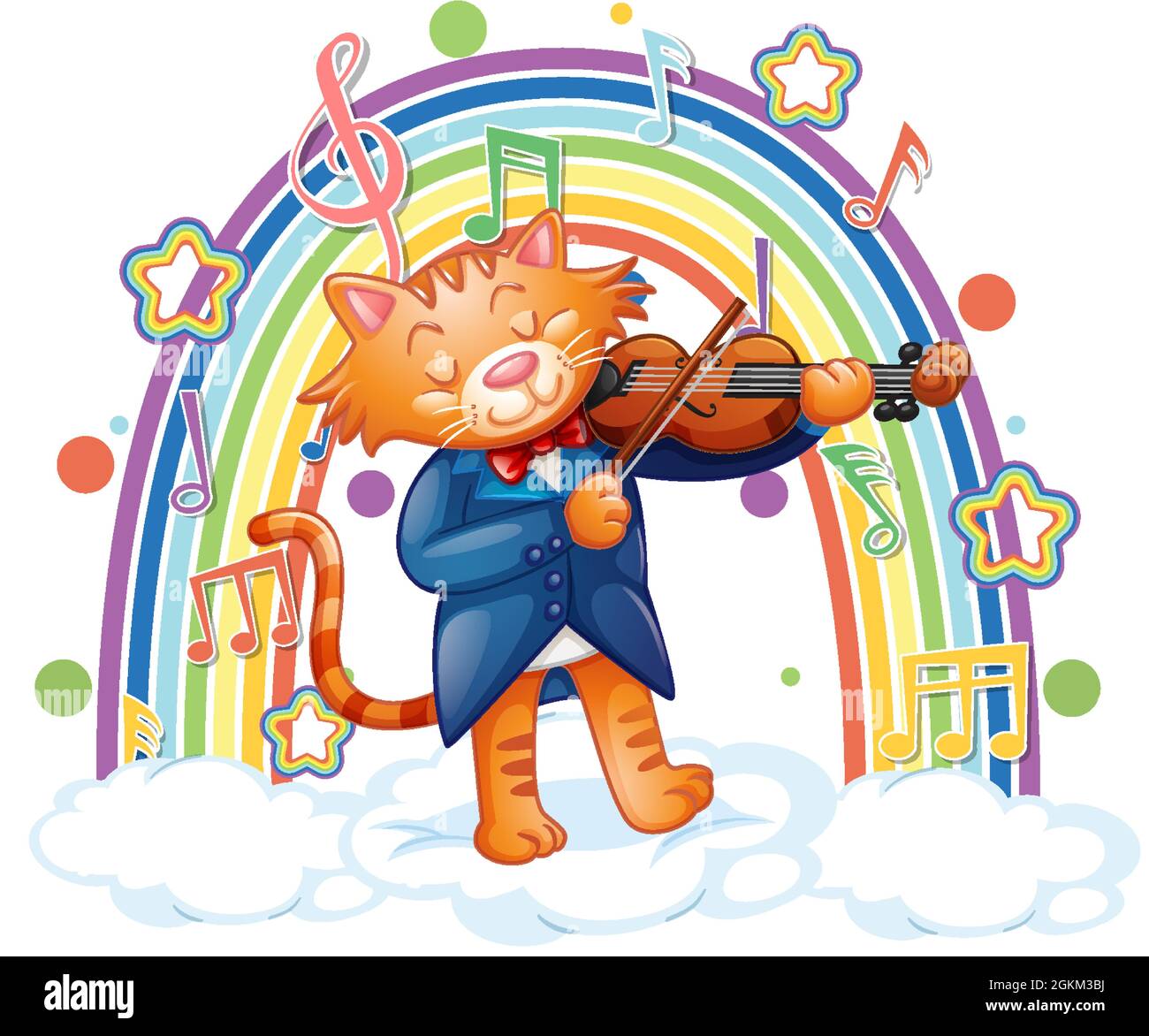 Cat playing violin with melody symbols on rainbow illustration Stock ...