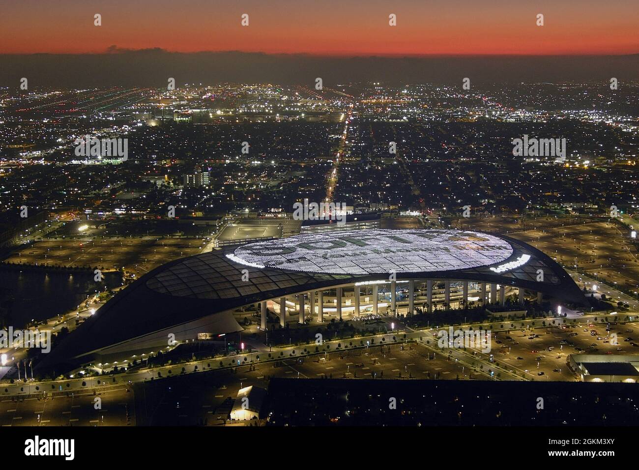 An aerial view of SoFi Stadium, Tuesday, Sept. 14, 2021, in Inglewood ...