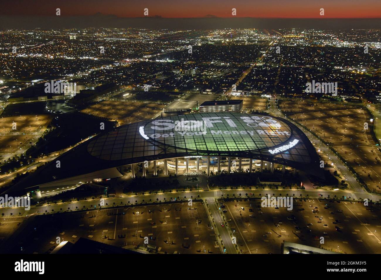 An aerial view of SoFi Stadium, Tuesday, Sept. 14, 2021, in Inglewood ...