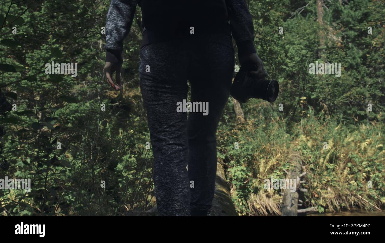 Traveler photographing scenic view in forest river. Wood bridge fallen ...