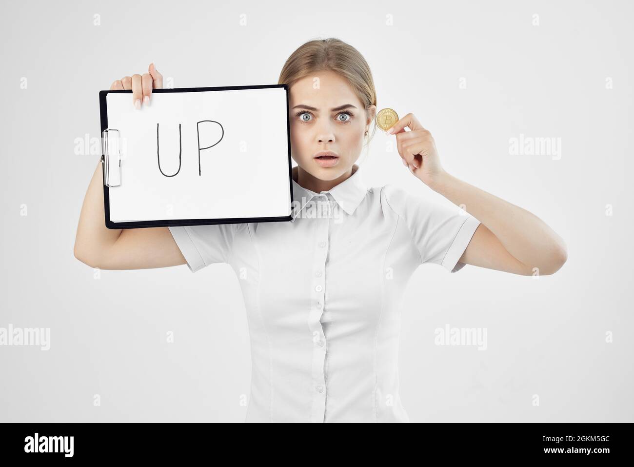 cheerful woman currency appreciation virtual money economy isolated ...