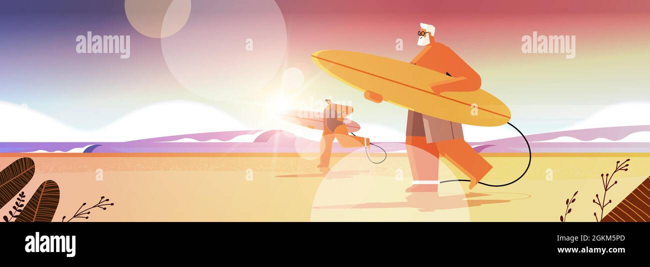 Senior Couple With Surf Boards Aged Man Woman Surfers Holding