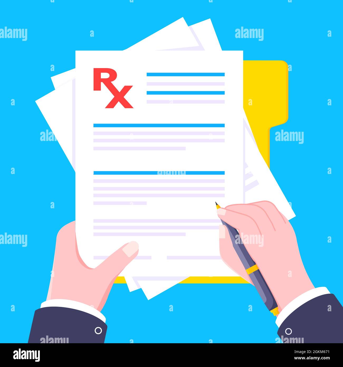 Hand holds medical rx form prescription on paper sheet flat style ...