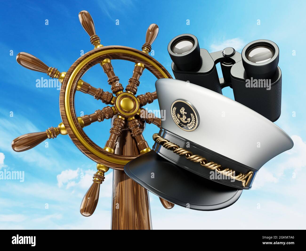 Ship wheel and captain hat against blue sky background. 3D illustration ...