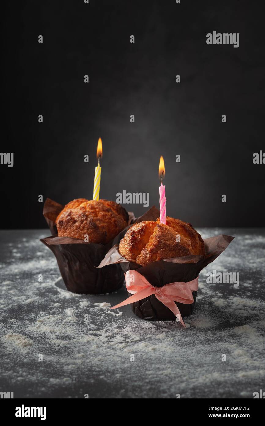 Birthday Muffin. Cupcake and pink ribbon, grey background with copy ...