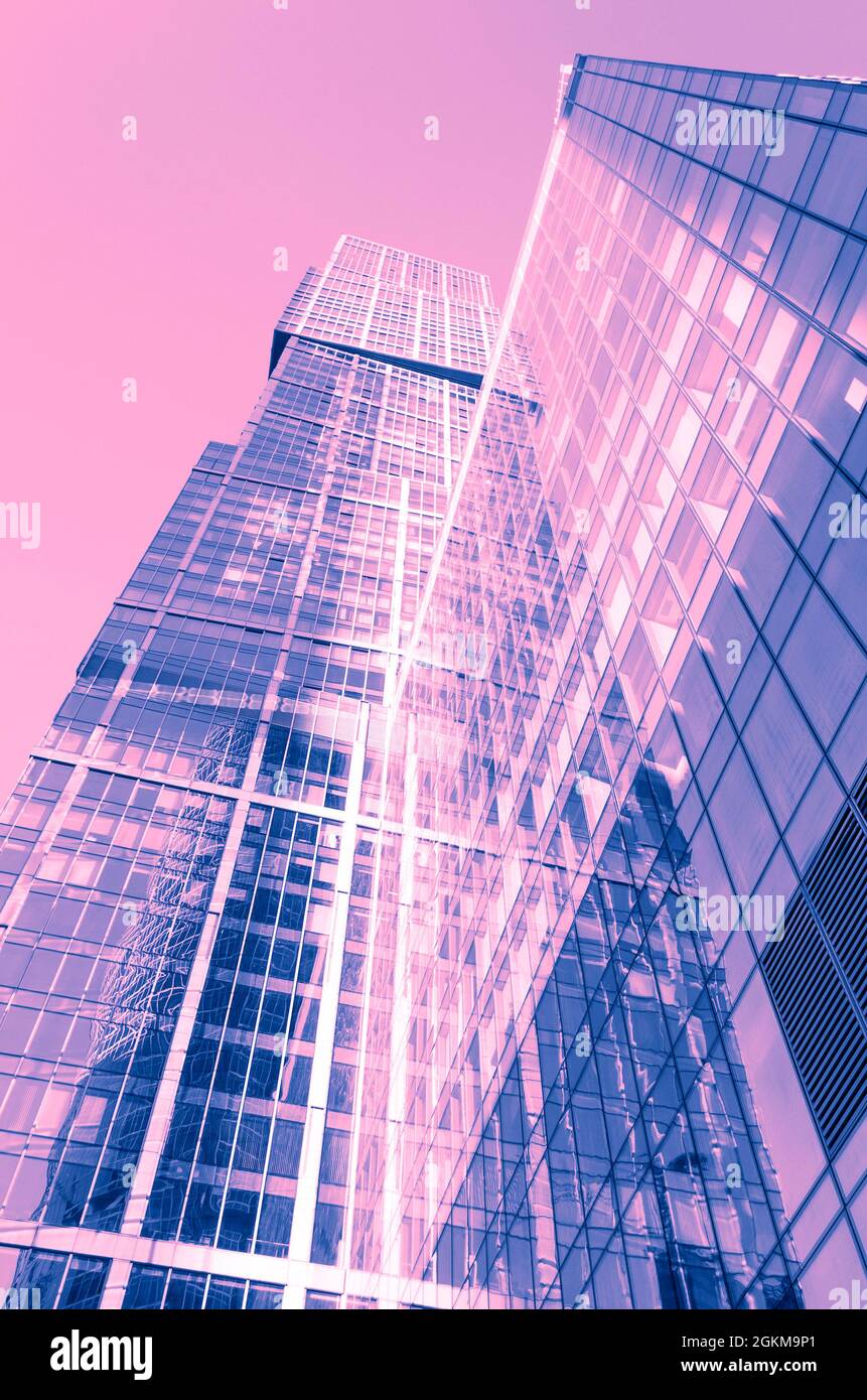 Perspective wide angle view to light glass surface, building skyscraper ...