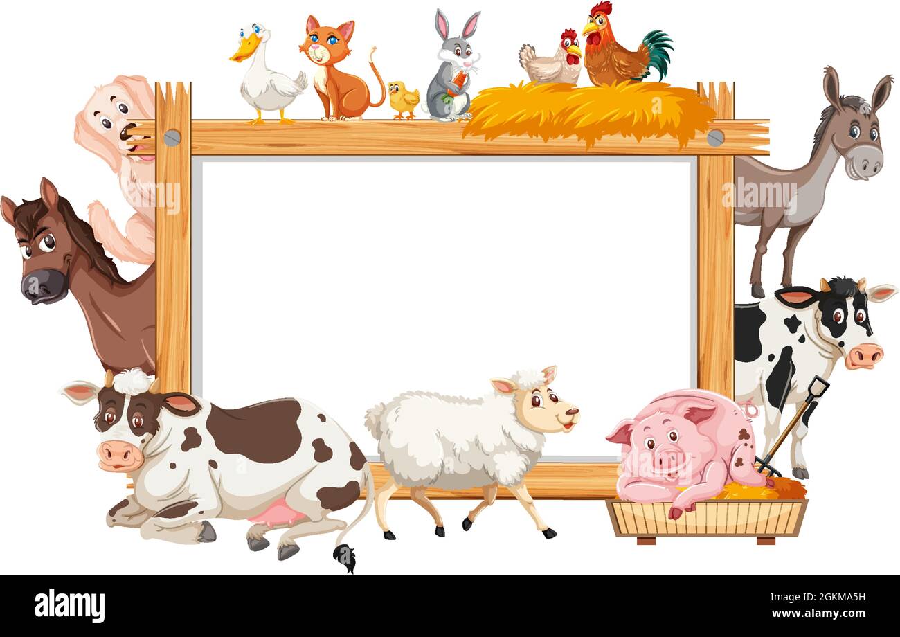 Empty wooden frame with various farm animals illustration Stock Vector ...