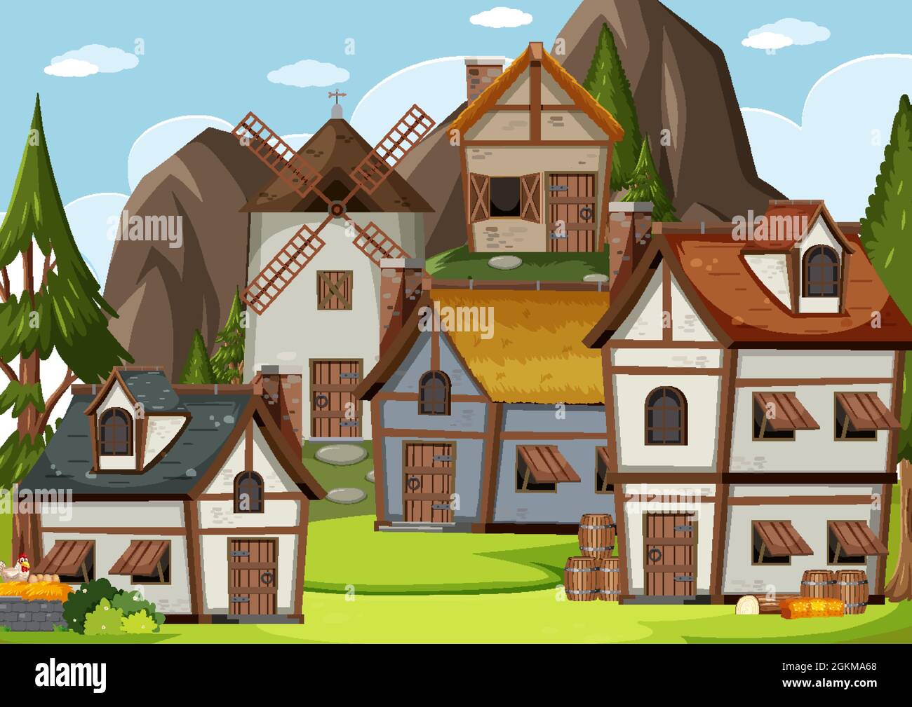 Medieval village scene with hills background illustration Stock Vector ...