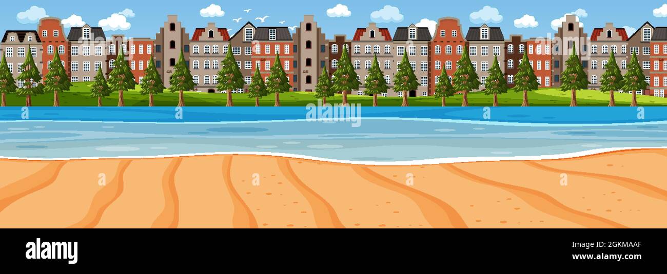 Beach horizontal scene at day time with city background illustration ...