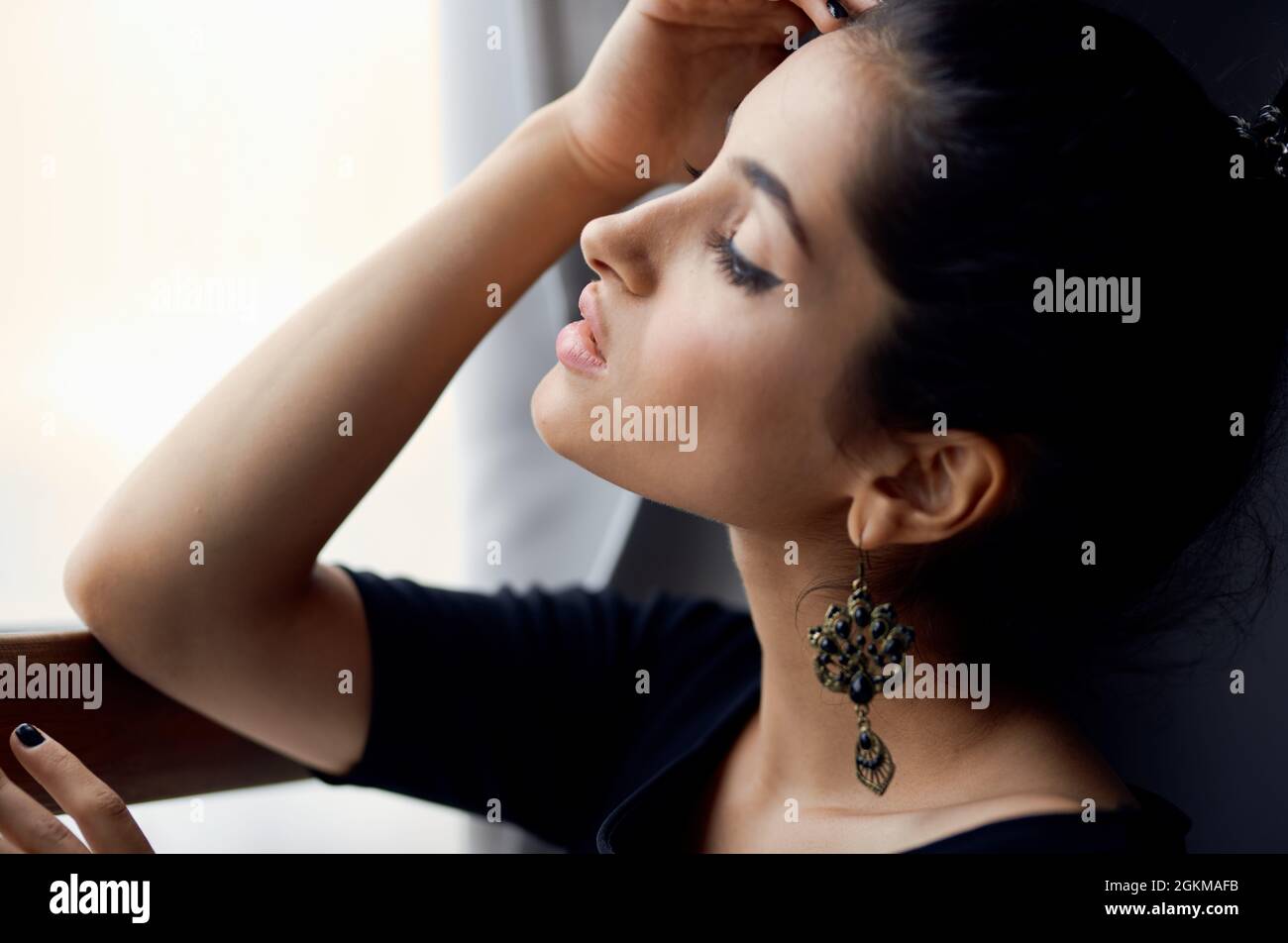 pretty woman in a black dress near the window posing elegant style ...