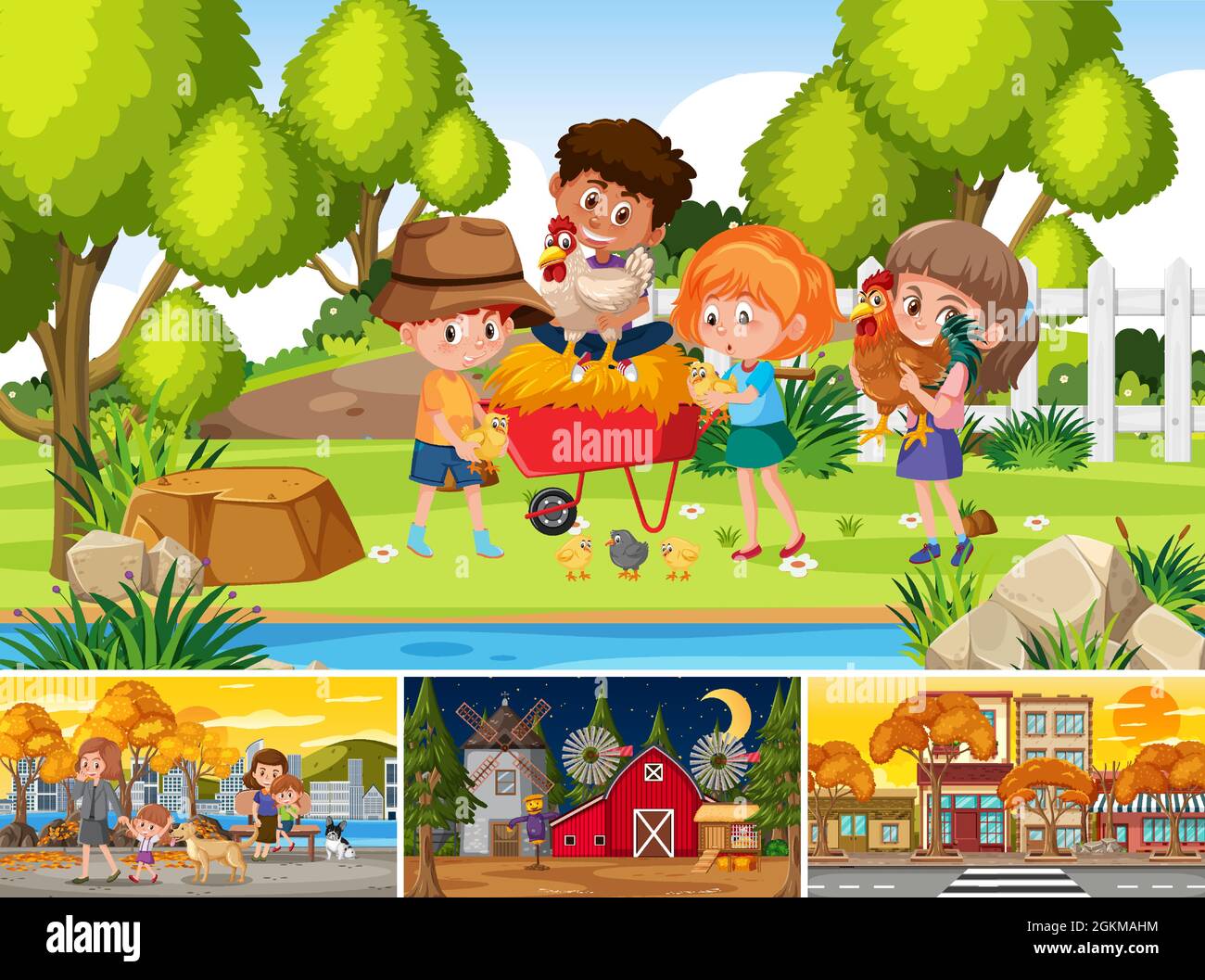 Four different scenes with children cartoon character illustration ...