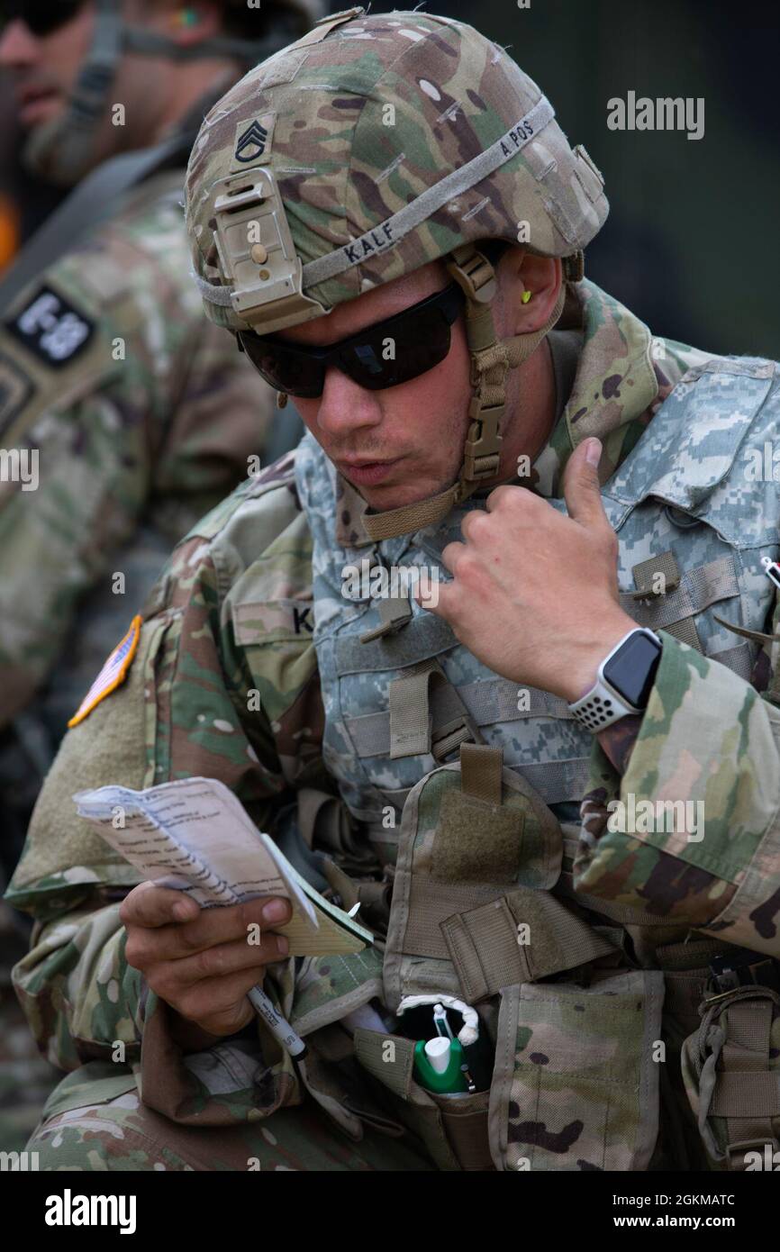 A U.S. Army Reserve Soldier simulates a “nine-line” medical evacuation ...