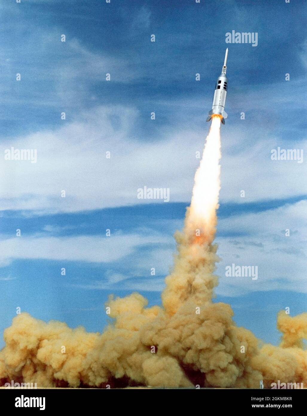 View of the liftoff of Little Joe II launch vehicle at the White Sands ...