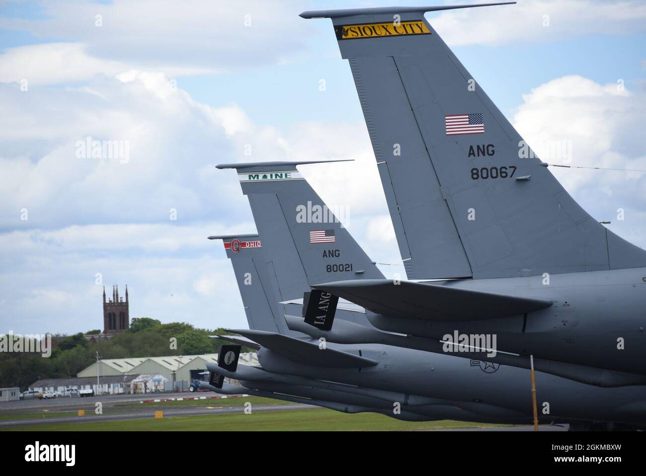 Tails from three U.S. Air Force KC-135 aircraft from the Iowa, Maine ...