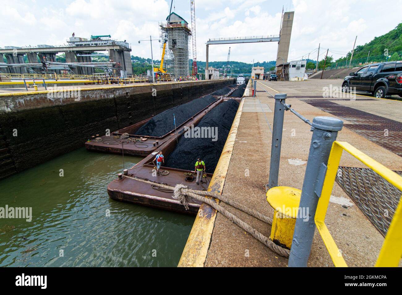 A barge locks through Locks and Dam 4 on the Monongahela River in Belle ...