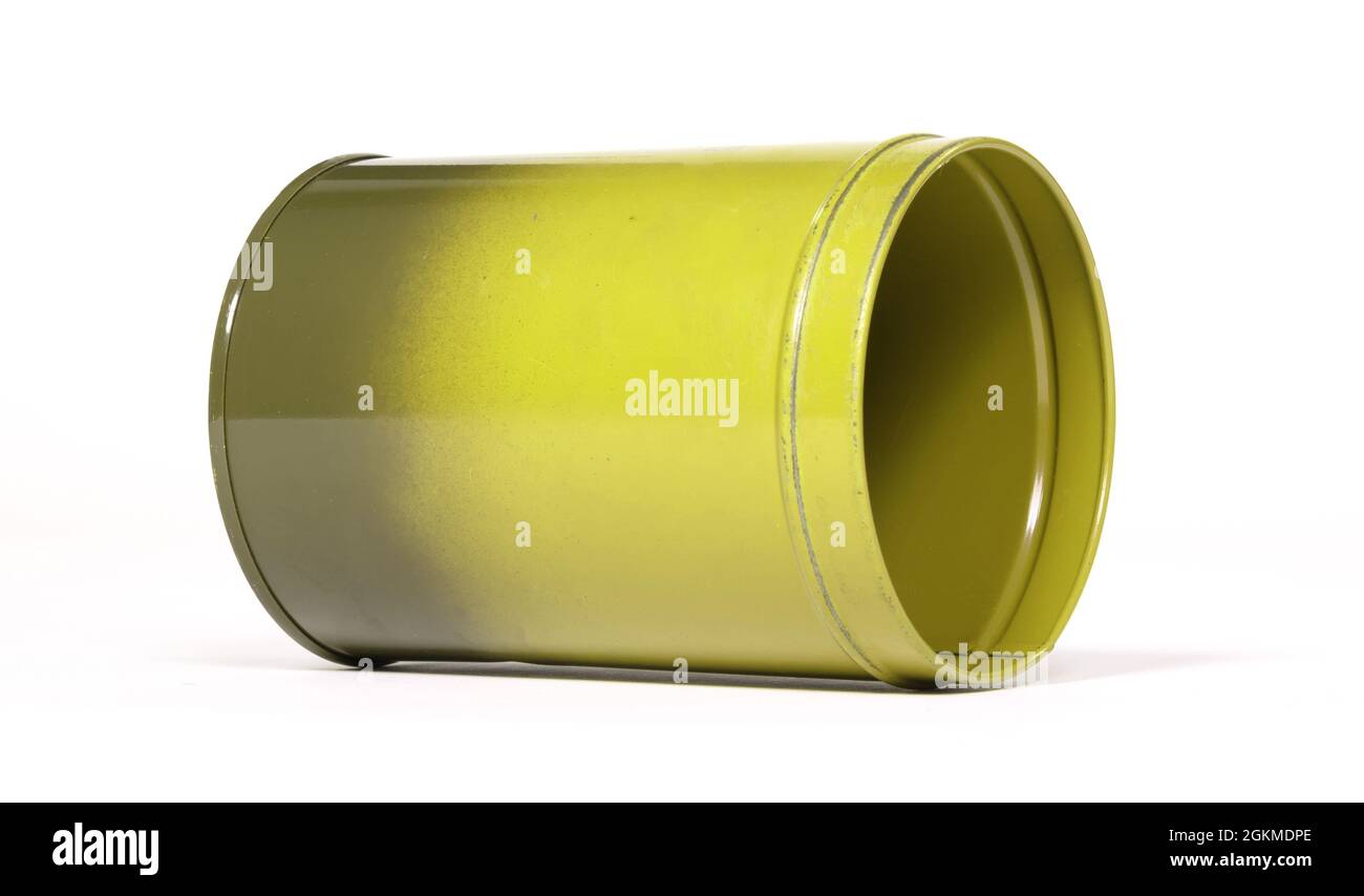 Old yellow tin can, isolated on white background Stock Photo - Alamy