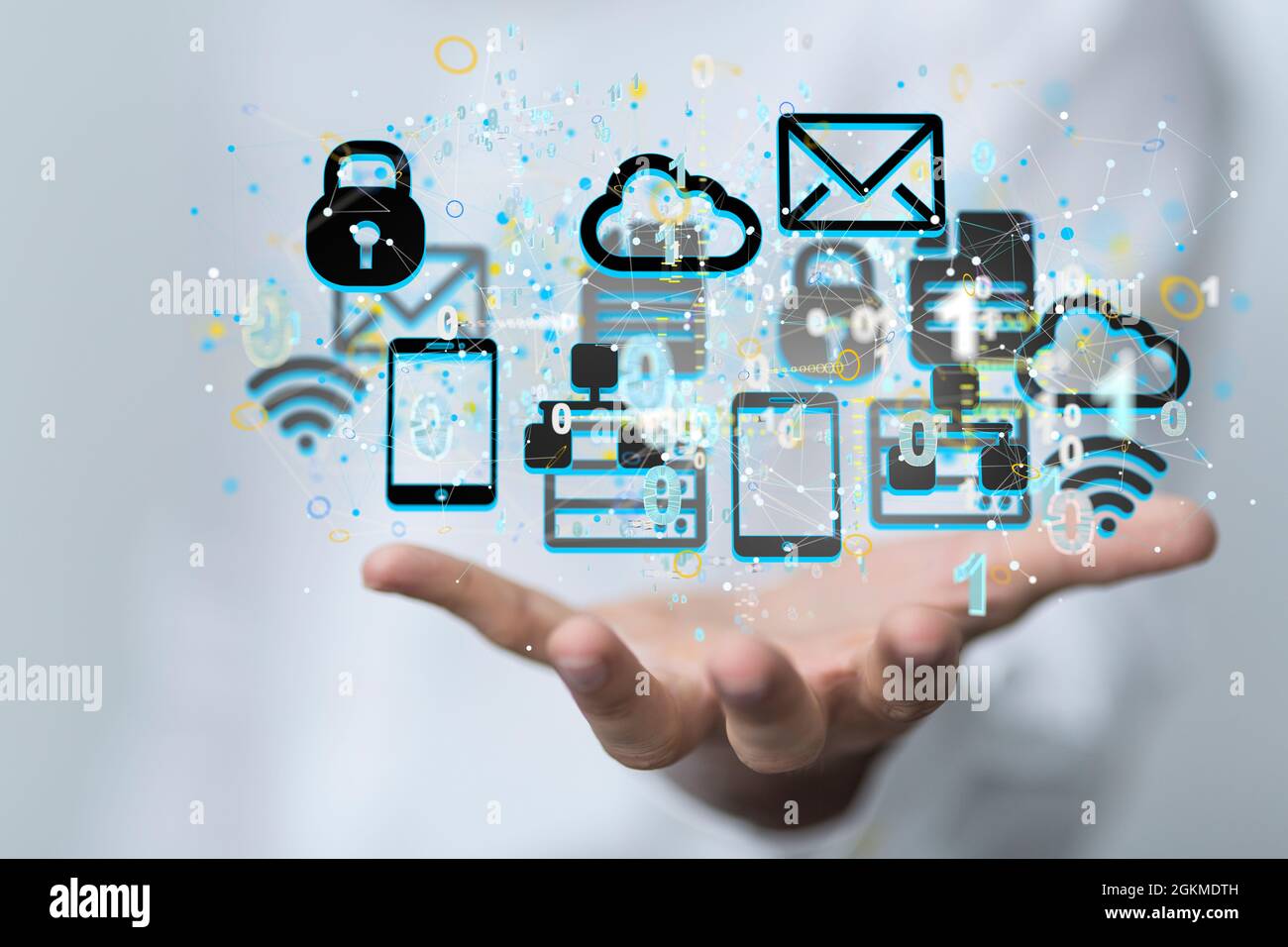 3d rendering of different technological devices and symbols in a hand ...