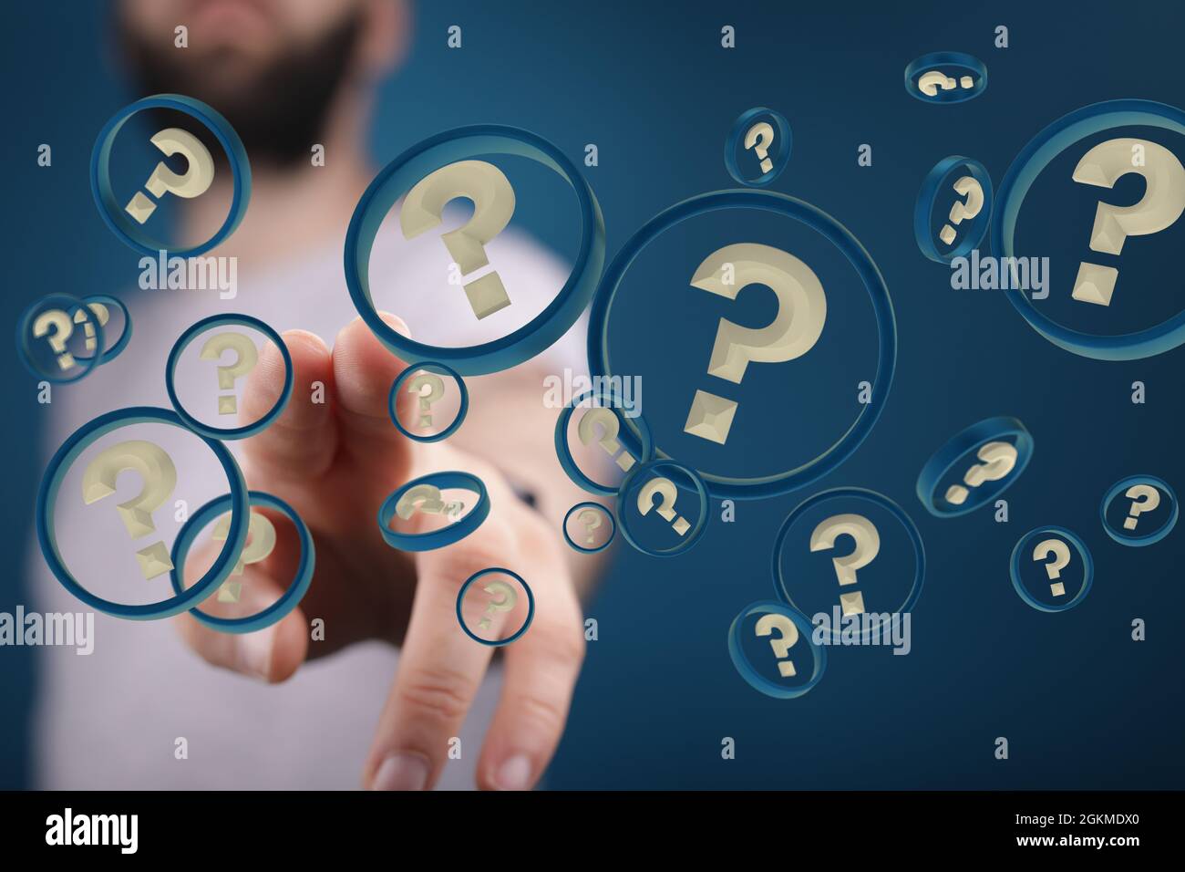 3d rendering of beige question marks in blue circles on a blue ...