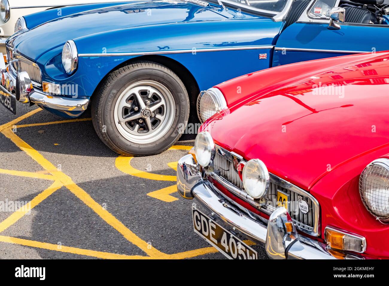 Close up of the front end of vintage cars on dispaly at the annual ...