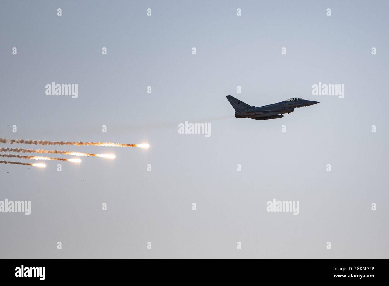 A Eurofighter Typhoon assigned to the Italian air force drops flares ...