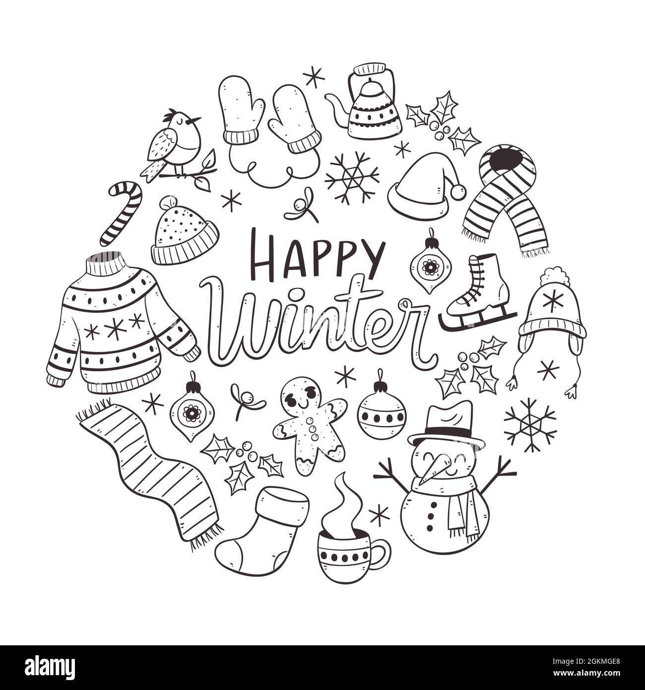 Hand drawn winter card with winter elements. Winter clothes, snowman ...