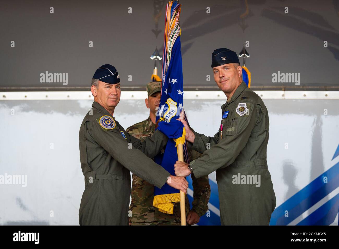 U.S. Air Force Maj. Gen. Chad P. Franks, 15th Air Force commander, receives the 23d Wing guidon ...