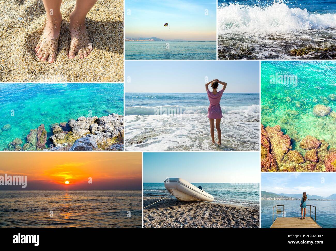 Mosaic travel summer vacation photos with sea Stock Photo - Alamy