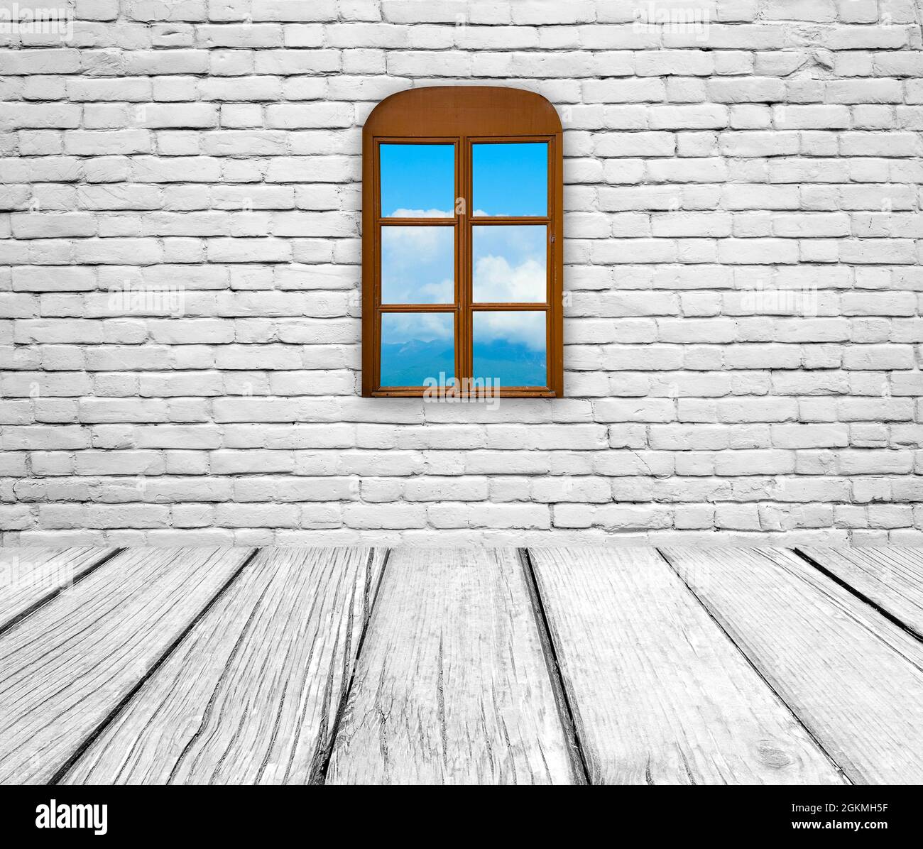 Old room interior, empty background from brick wall and wooden floor ...