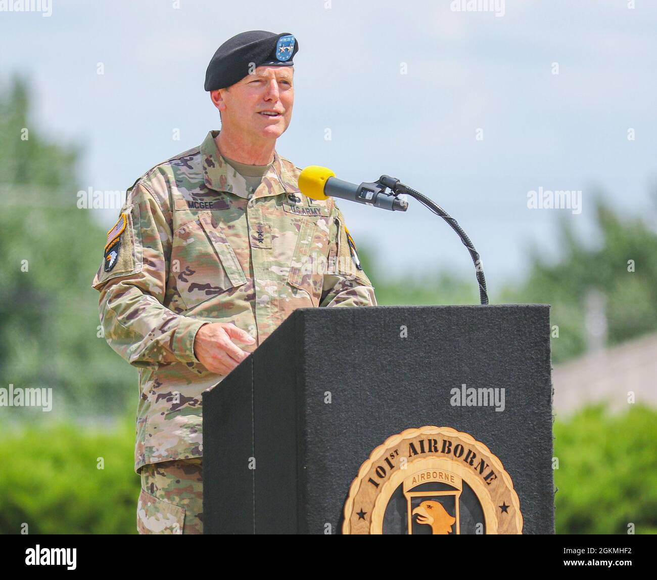 Maj. Gen. JP McGee, commanding general of the 101st Airborne Division (Air Assault), gives a ...