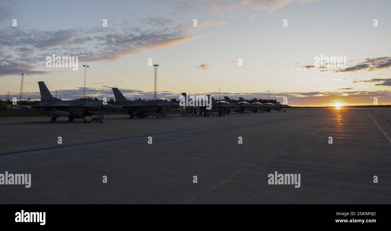 U.S. Air Force F-16 Fighting Falcons sit on an apron at Kallax Air Base ...