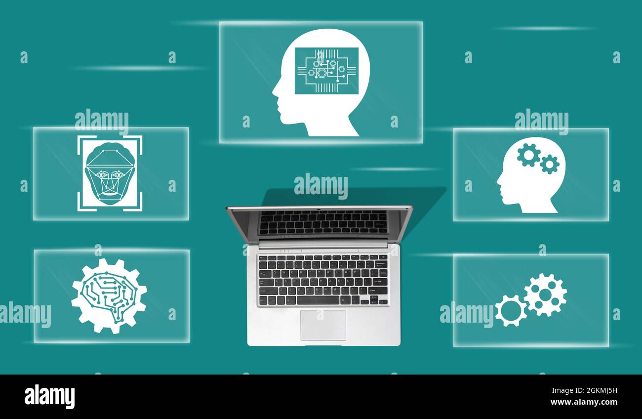 Top view of laptop with symbol of machine learning concept Stock Photo ...