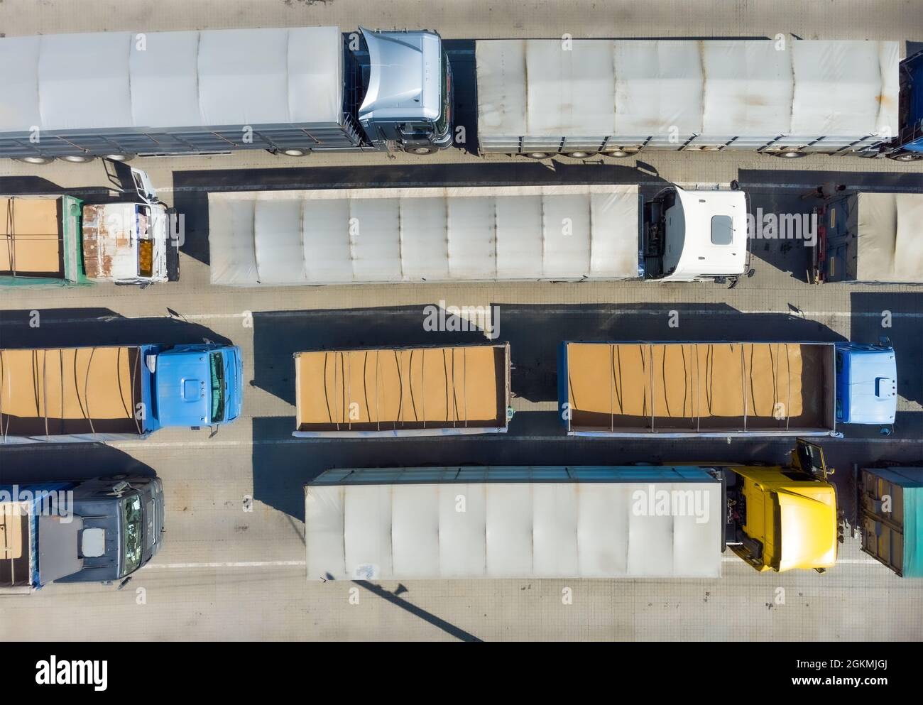 Trucks in the parking lot, top view on a truck. Logistics transport in ...