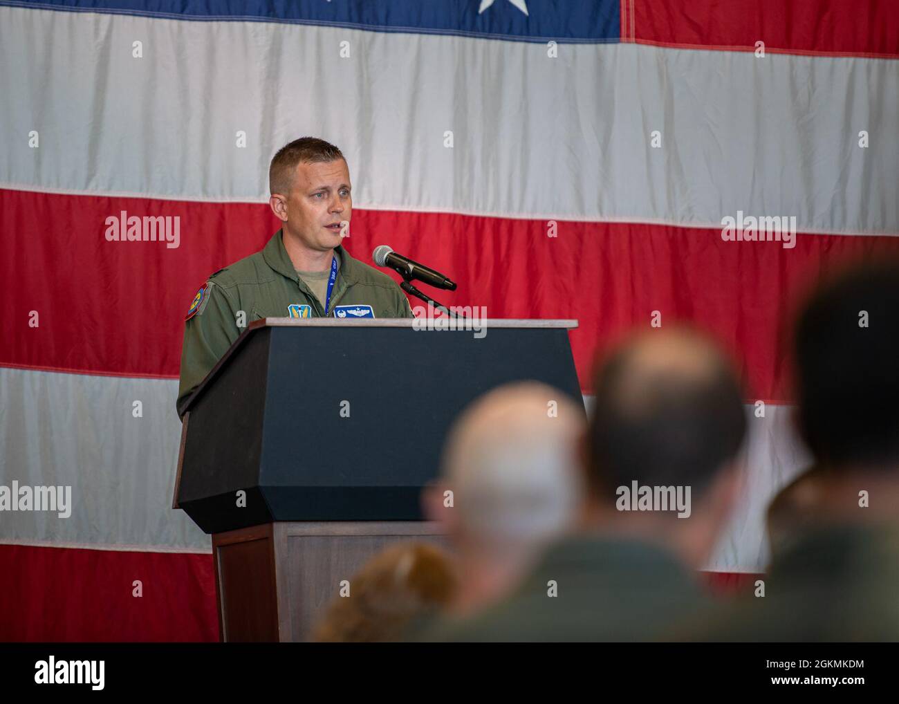U.S. Air Force Lt. Col. Maxwell Cover addresses members of the 388th ...