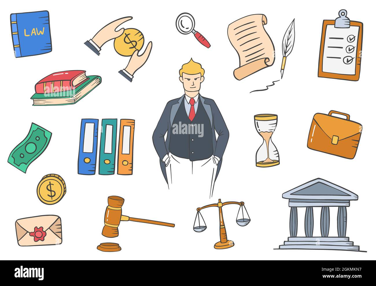 lawyer jobs profession doodle hand drawn set collections with flat ...